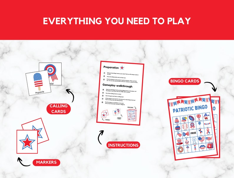 Patriotic Bingo - Independence Day Bingo - 30 4th of July Bingo Cards ...