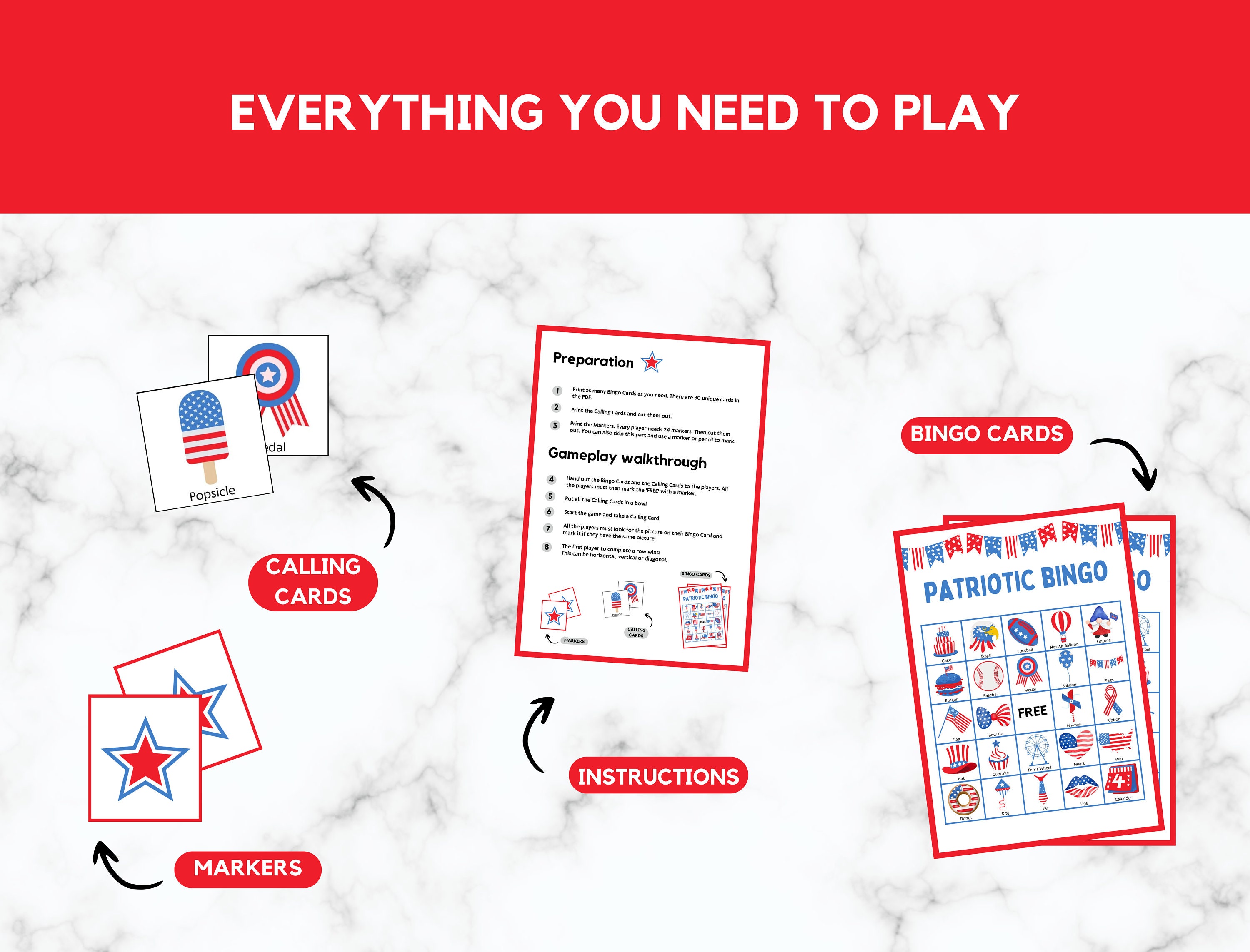 Patriotic Bingo - Independence Day Bingo - 30 4th of July Bingo Cards ...