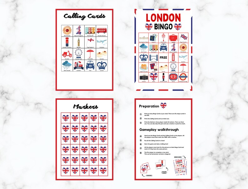 London Bingo - Travel Bingo - 30 London Bingo Cards - London Party Game ...