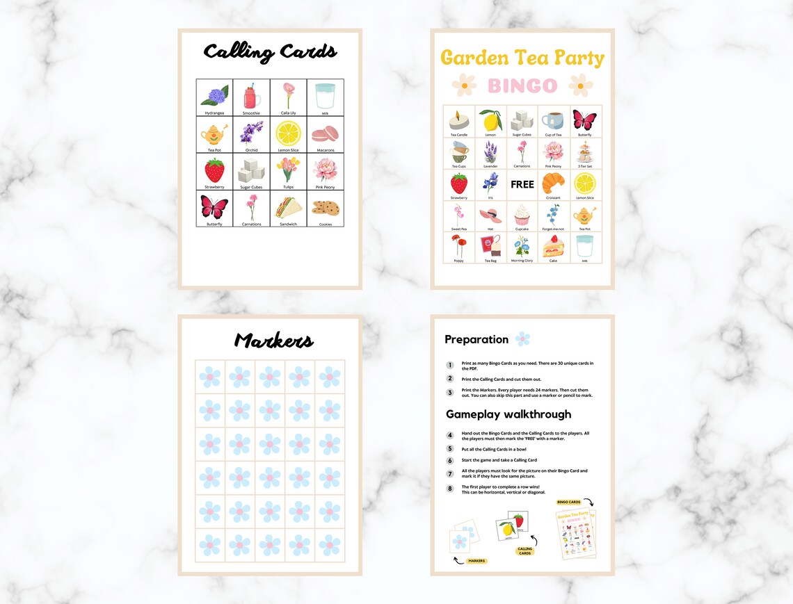 Garden Tea Party Bingo Tea Party Activity 30 Tea Party Bingo Cards Tea ...