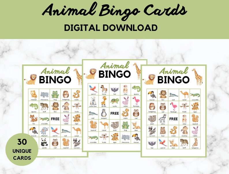 Animal Bingo - 30 Animal Bingo Cards - Animal Party Game - Animals ...
