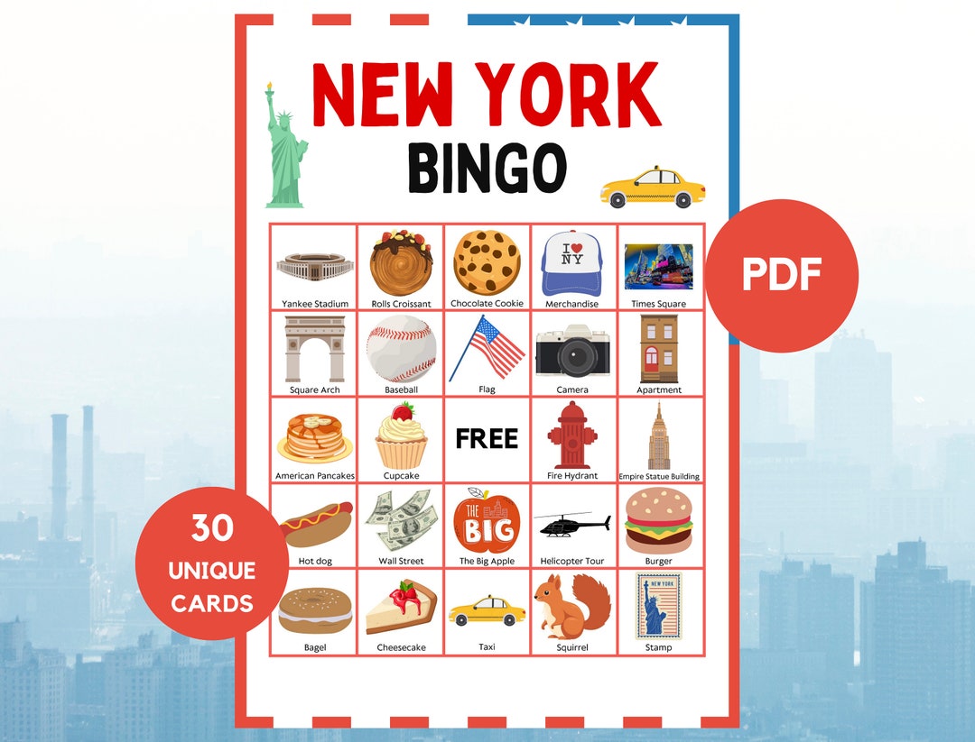 New York Bingo - Travel Bingo - 30 New York Bingo Cards - New York ...