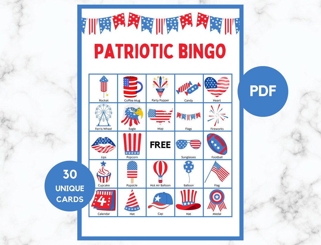 Patriotic Bingo - Independence Day Bingo - 30 4th of July Bingo Cards ...