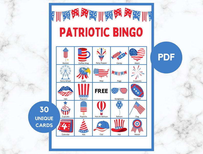 Patriotic Bingo - Independence Day Bingo - 30 4th of July Bingo Cards ...