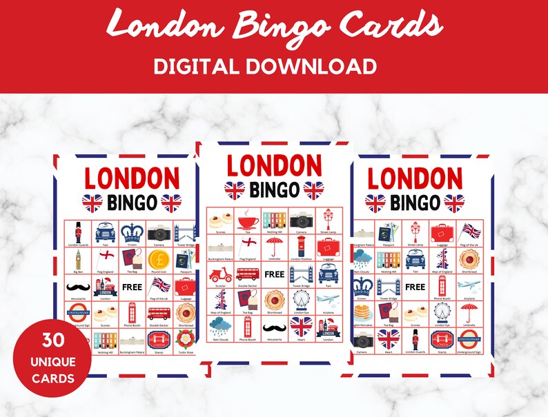 London Bingo - Travel Bingo - 30 London Bingo Cards - London Party Game ...