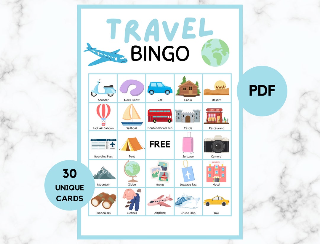 Travel Bingo 30 Travel Bingo Cards Travel Party Game Travel Birthday ...