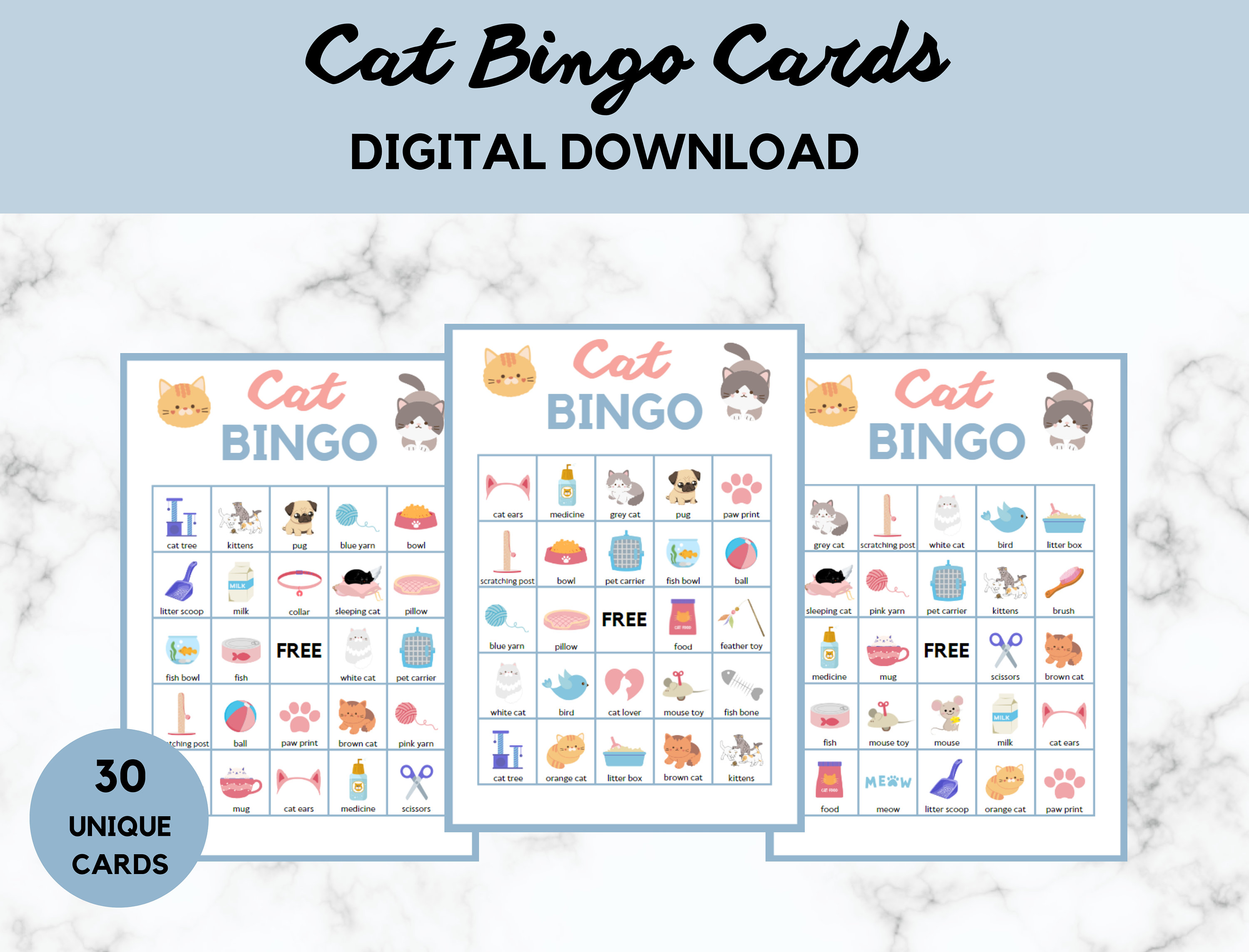 Cat Bingo - 30 Cat Bingo Cards - Cat Party Game - Cat Bingo - Birthday ...
