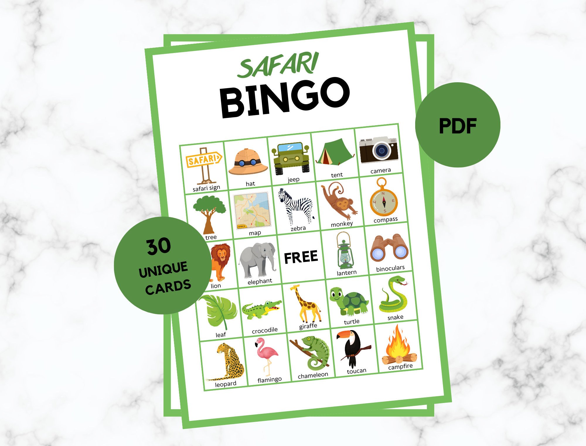Safari Bingo - 30 Safari Bingo Cards - Safari Party Game - Safari ...