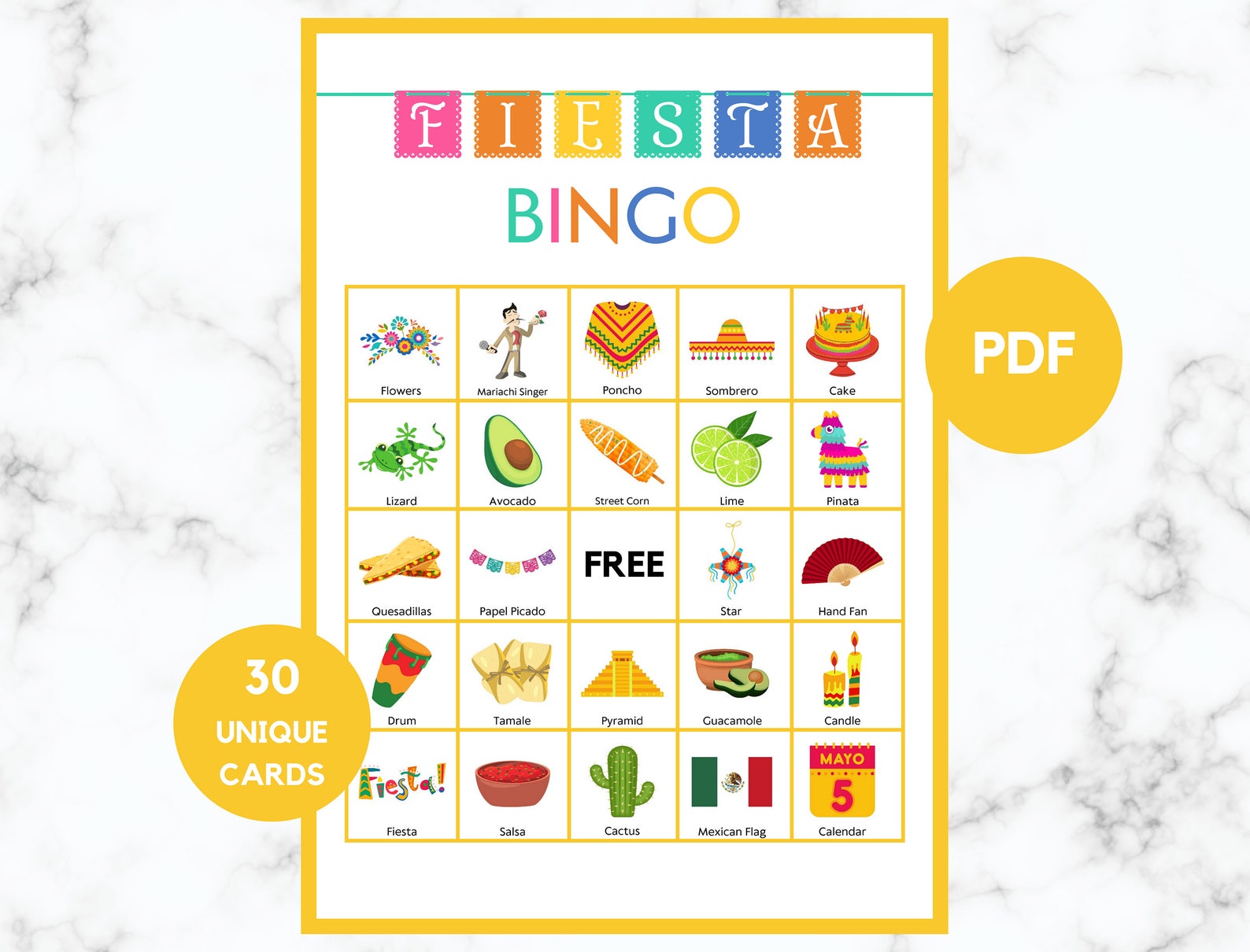 Fiesta Bingo - Fiesta Activity for Kids - 30 Fiesta Bingo Cards ...
