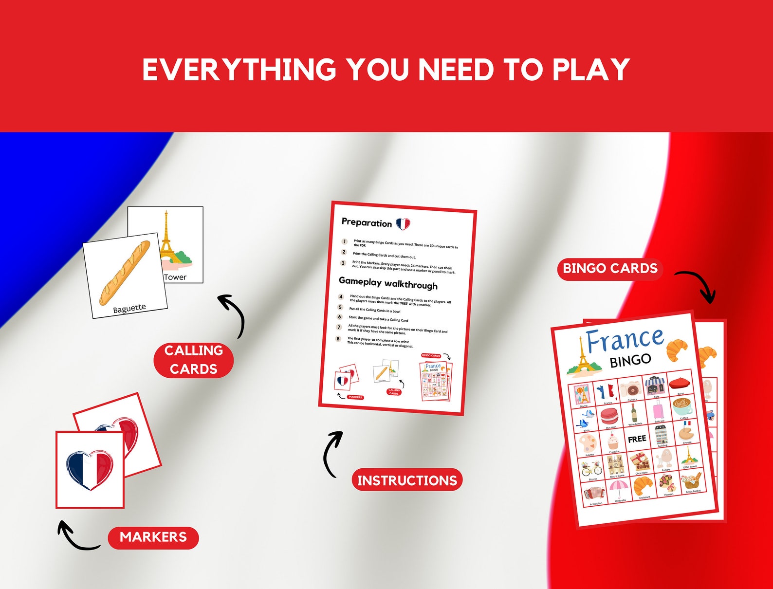 France Bingo - Travel Bingo - 30 France Bingo Cards - France Party Game ...