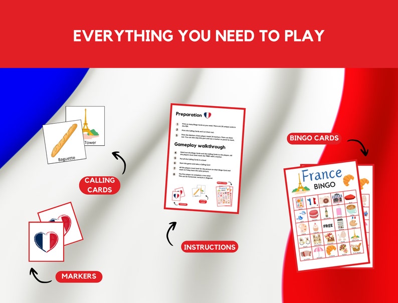 France Bingo - Travel Bingo - 30 France Bingo Cards - France Party Game ...