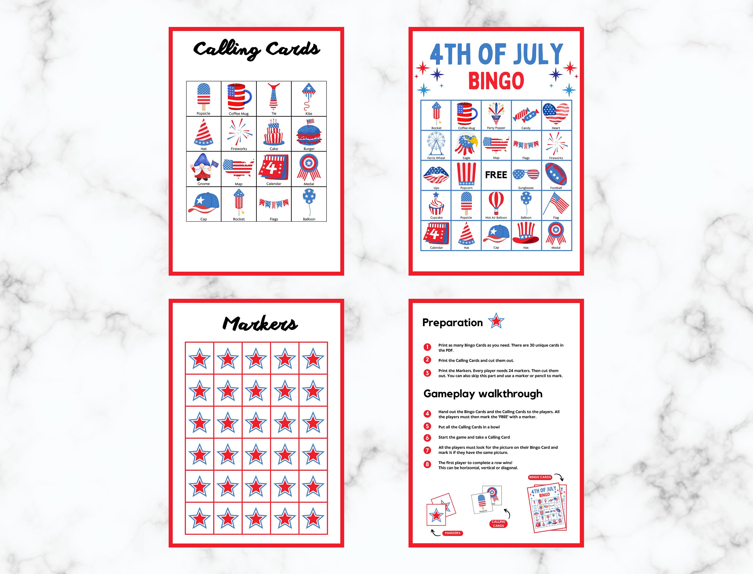 4th of July Bingo - Independence Day Bingo - 30 4th of July Bingo Cards ...