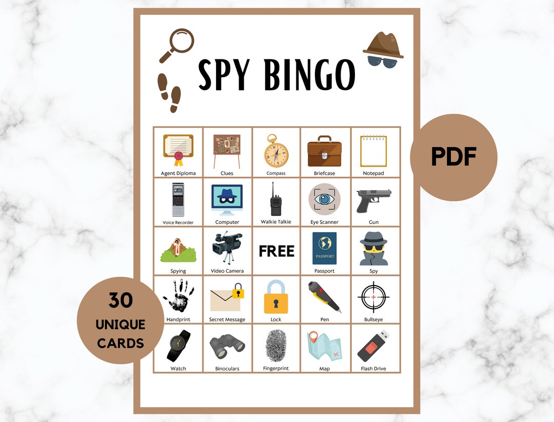 Spy Bingo - Spy Activity- 30 Spy Bingo Cards - Spy Birthday Party Game ...