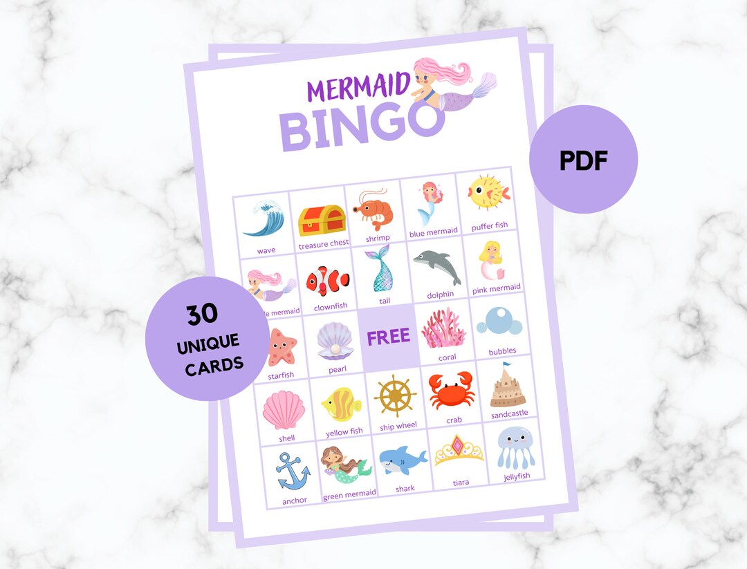 Mermaid Bingo - 30 Mermaid Bingo Cards - Mermaid Party Game - Mermaid ...