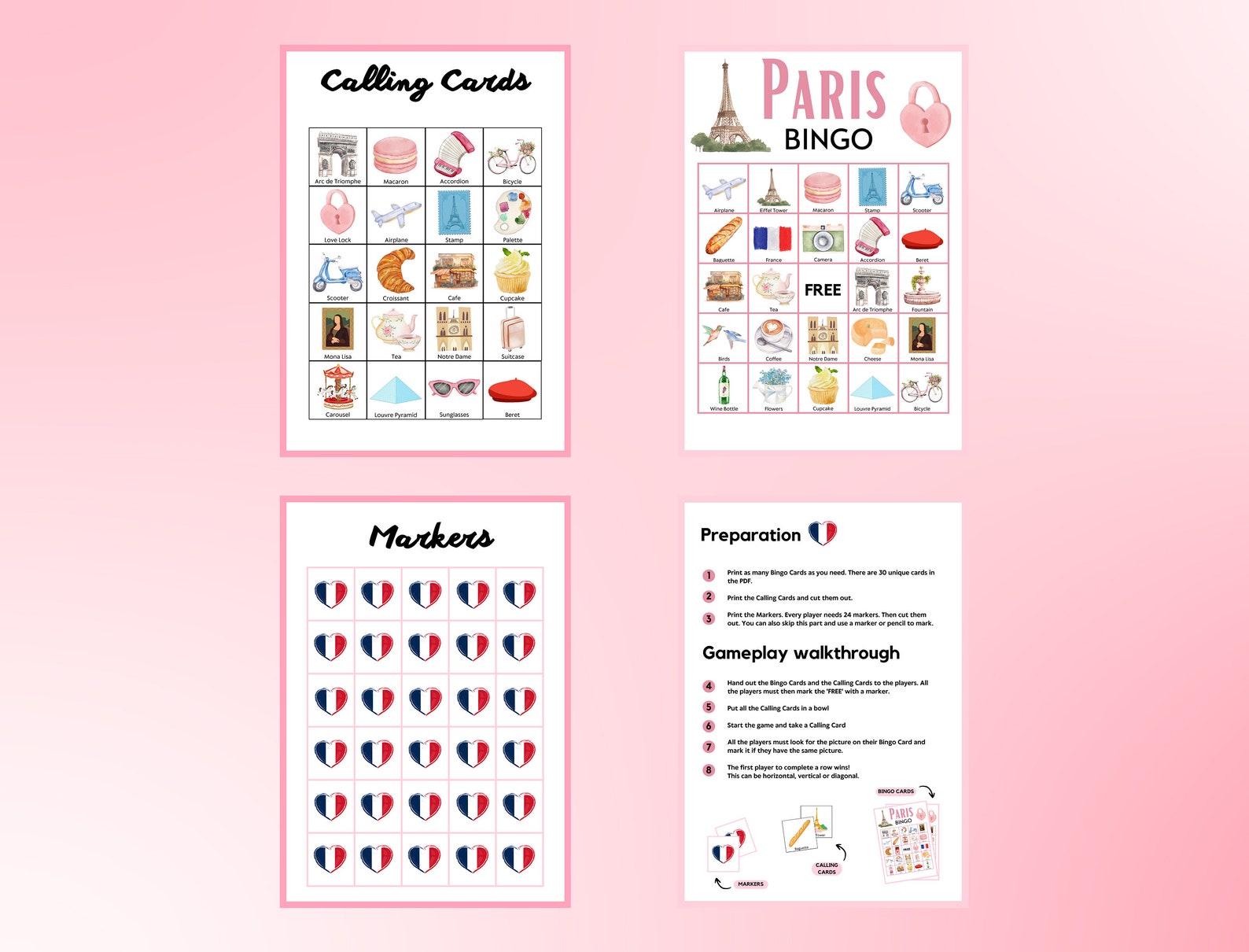 Paris Bingo - Travel Bingo - 30 Paris Bingo Cards - Paris Party Game ...