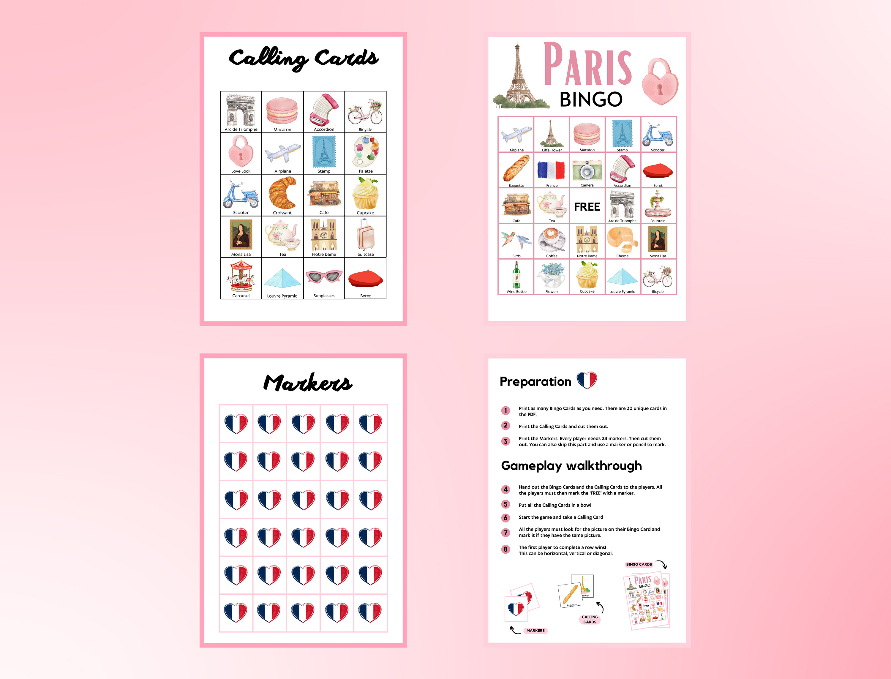 Paris Bingo - Travel Bingo - 30 Paris Bingo Cards - Paris Party Game ...