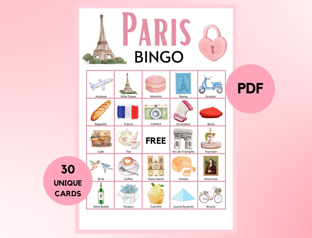 Paris Bingo - Travel Bingo - 30 Paris Bingo Cards - Paris Party Game ...