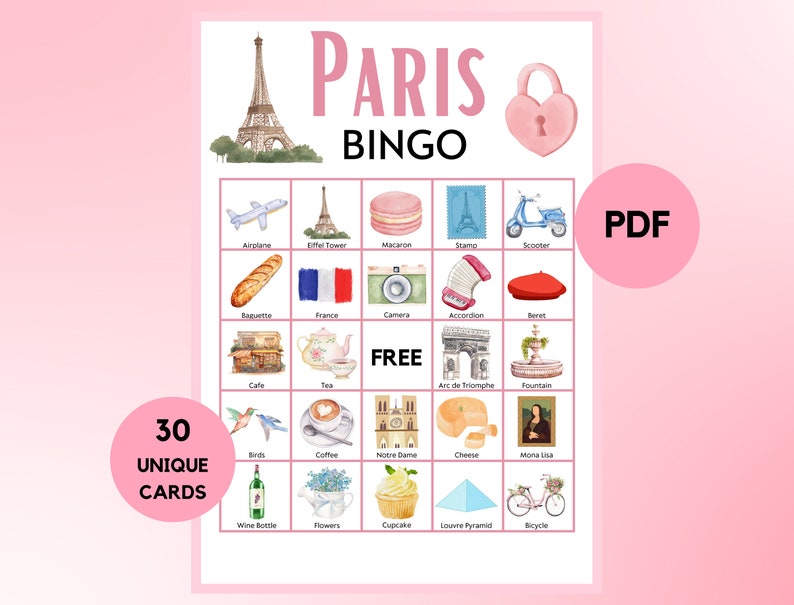 Paris Bingo - Travel Bingo - 30 Paris Bingo Cards - Paris Party Game ...