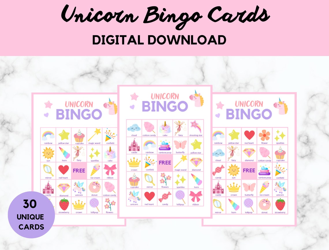 Unicorn Bingo - 30 Unicorn Bingo Cards - Unicorn Party Game - Unicorn ...