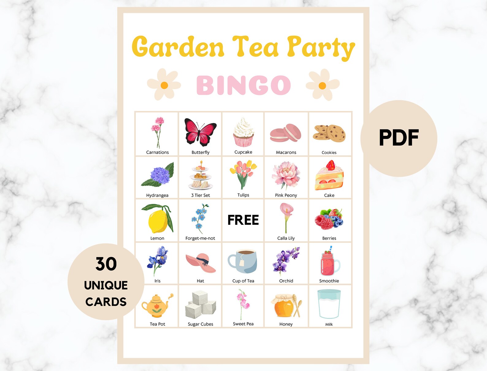 Garden Tea Party Bingo - Tea Party Activity- 30 Tea Party Bingo Cards ...