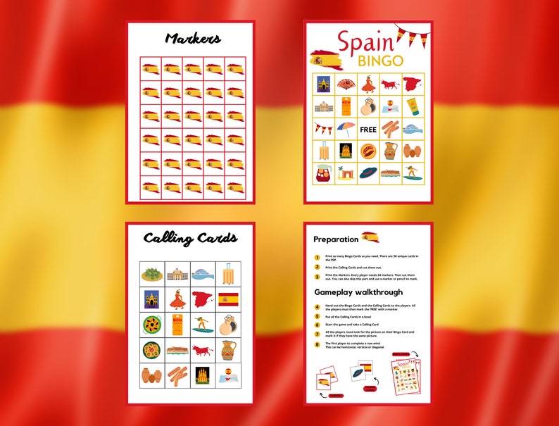 Spain Bingo - Travel Bingo - 30 Spain Bingo Cards - Spain Party Game ...