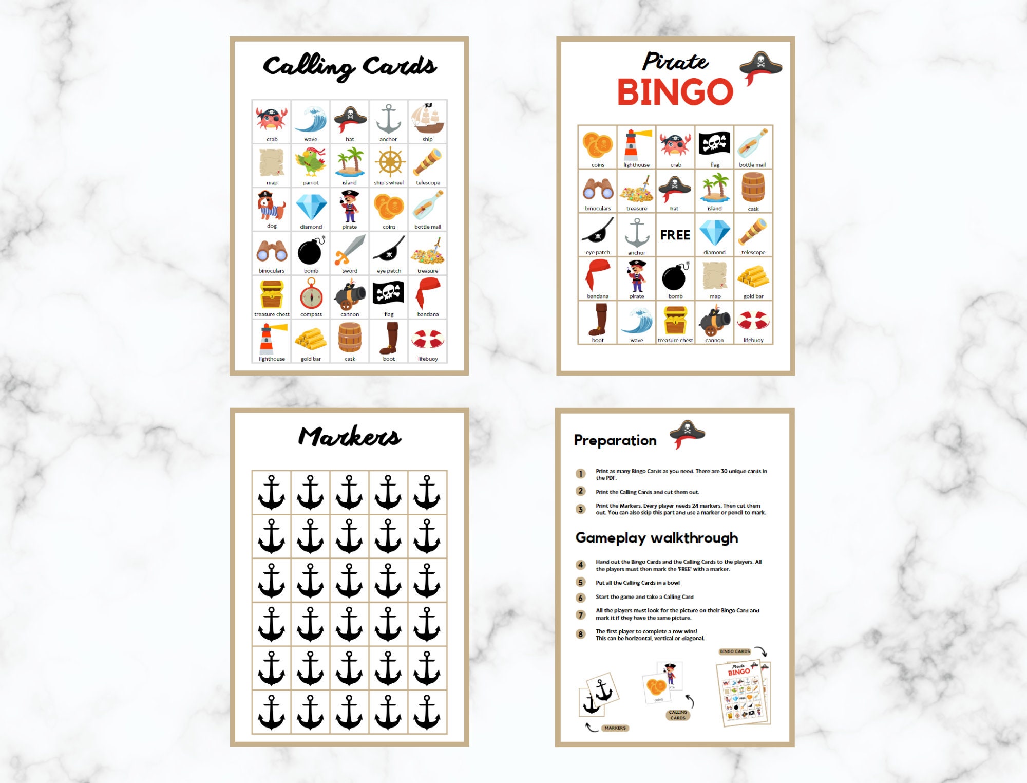 Pirate Bingo - 30 Pirate Bingo Cards - Pirate Party Game - Pirate ...