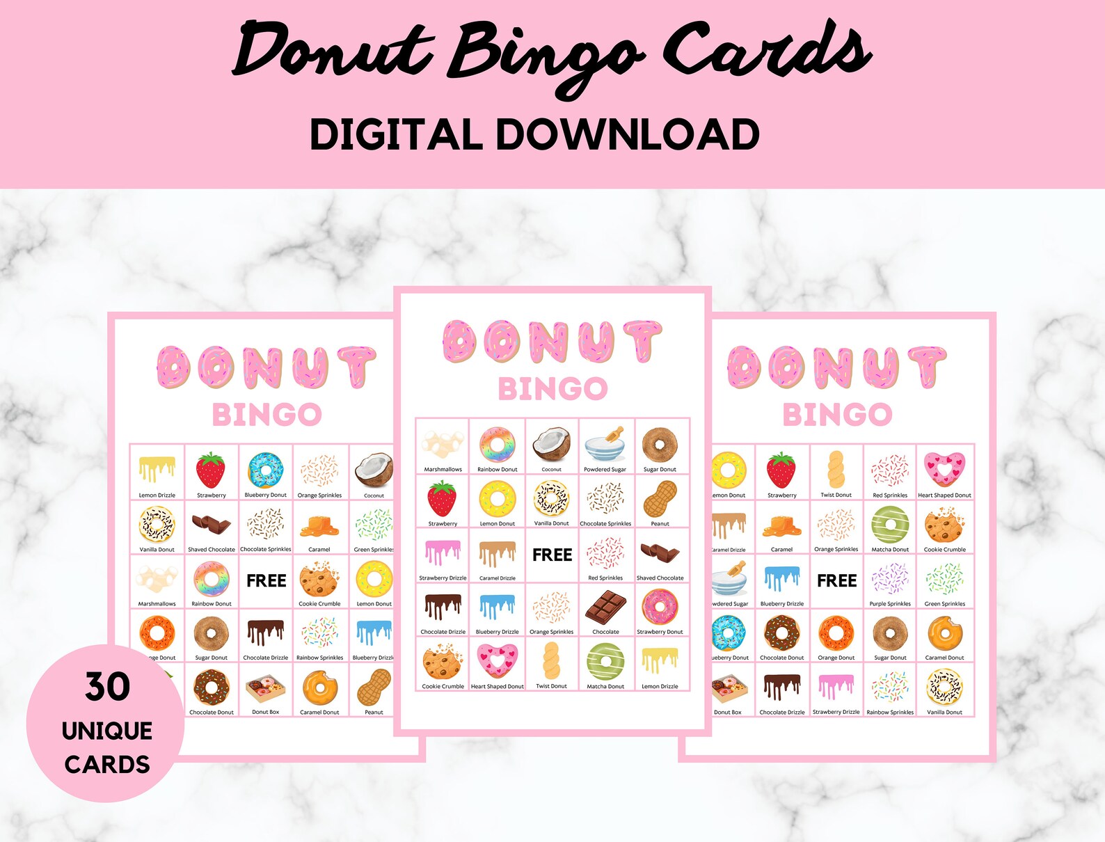 Donut Bingo - Donut Party Activity- 30 Donut Bingo Cards - Donut Party ...