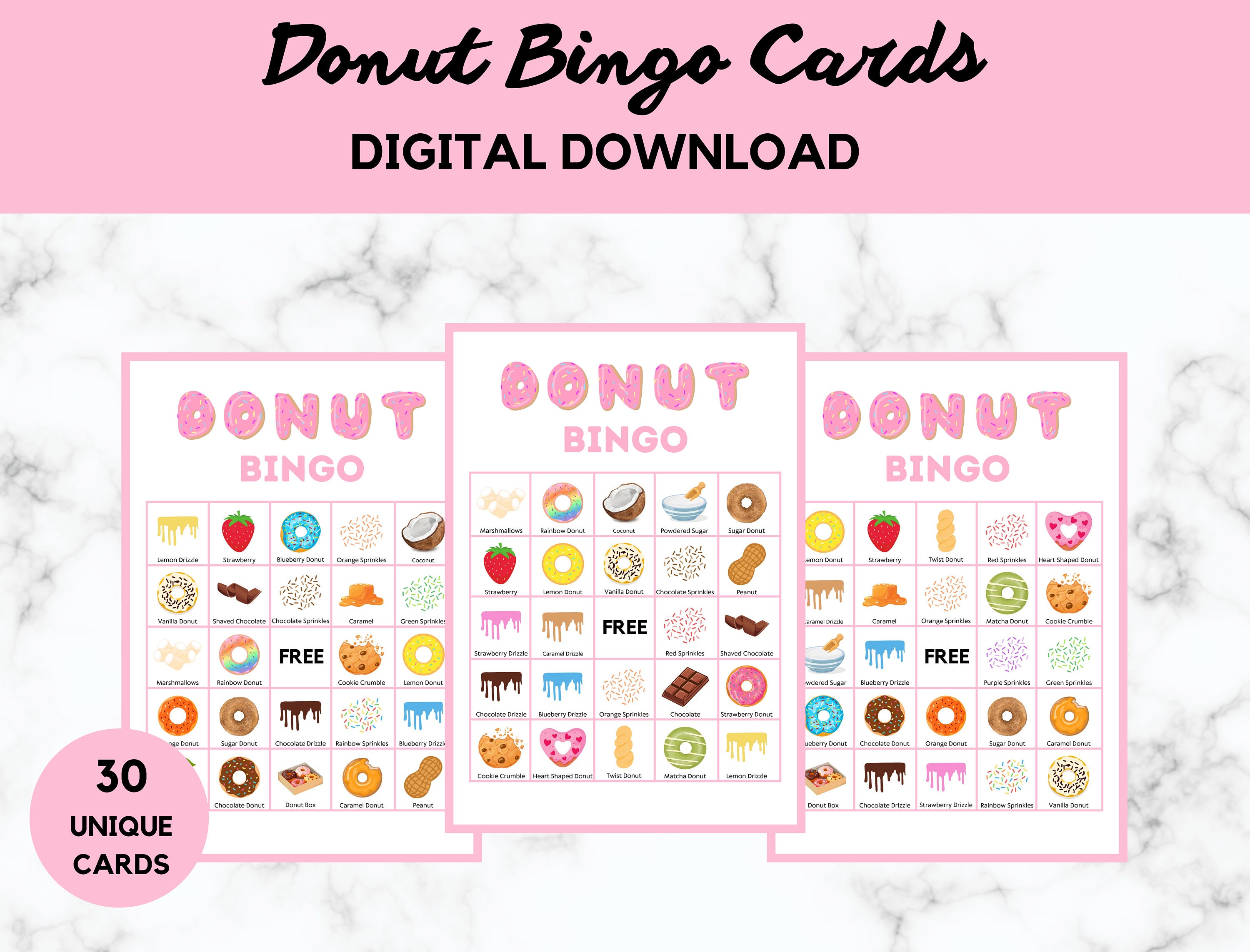 Donut Bingo - Donut Party Activity- 30 Donut Bingo Cards - Donut Party ...