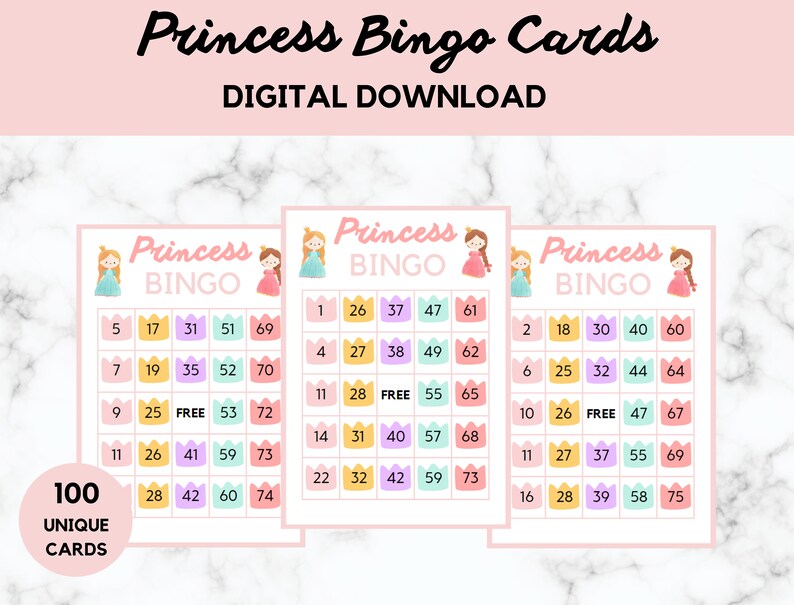 Princess Bingo - 100 Princess Bingo Cards - Princess Party Game ...