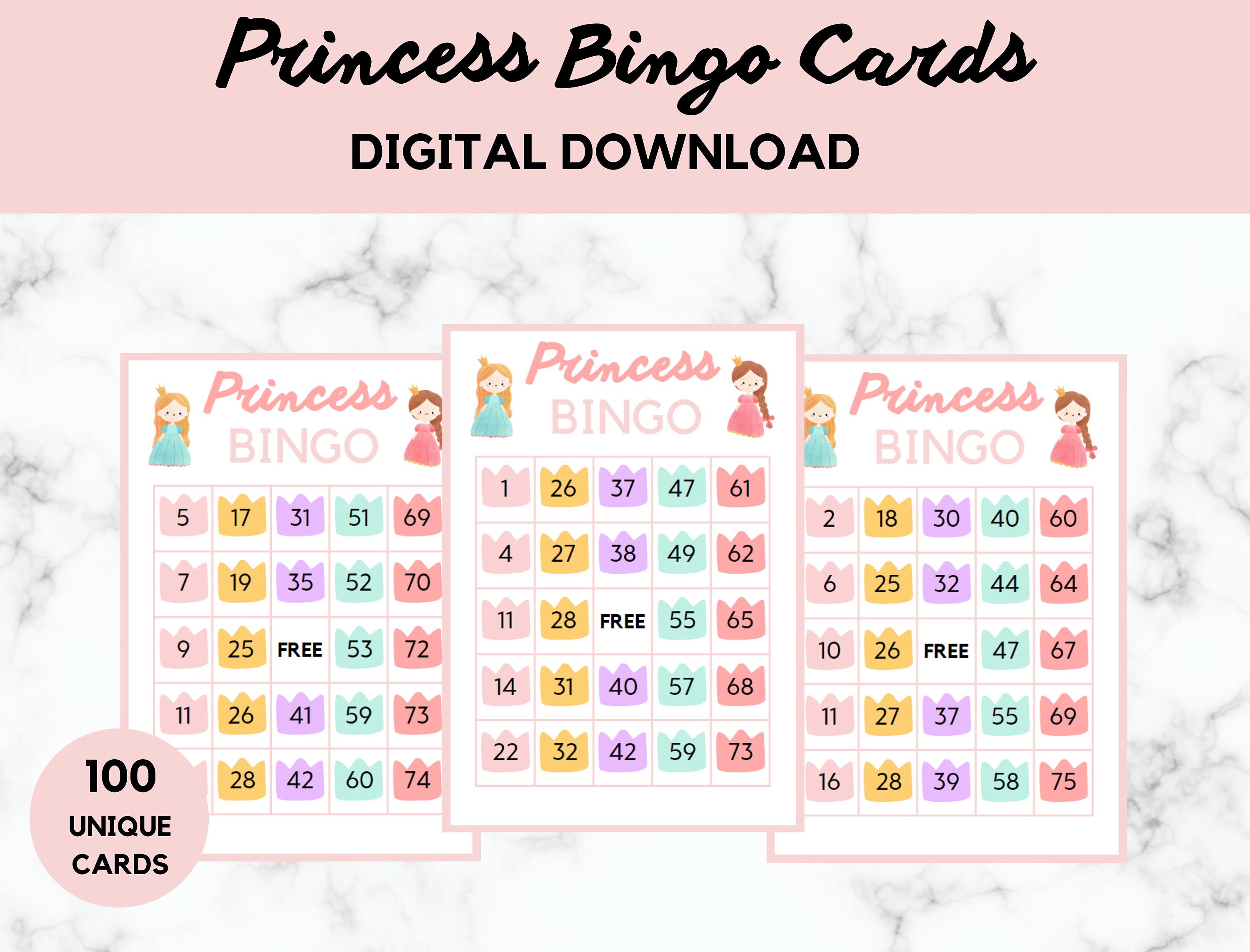 Princess Bingo - 100 Princess Bingo Cards - Princess Party Game ...