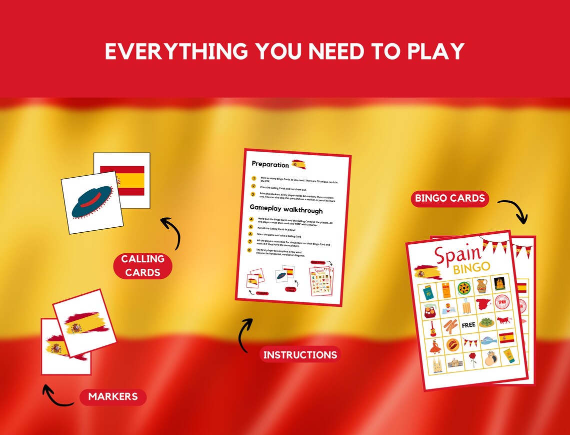 Spain Bingo - Travel Bingo - 30 Spain Bingo Cards - Spain Party Game ...