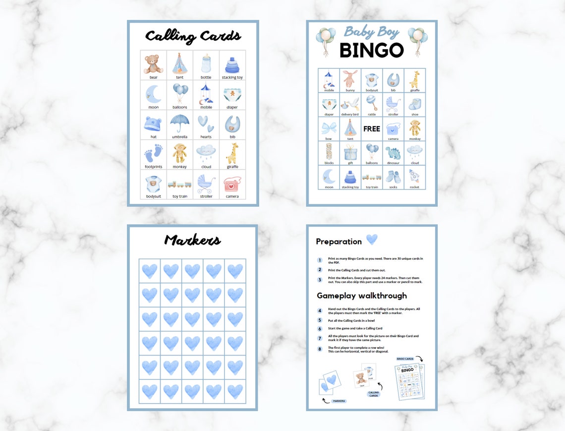 Baby Boy Bingo - 30 Baby Boy Bingo Cards - Baby Boy Party Game - Baby ...