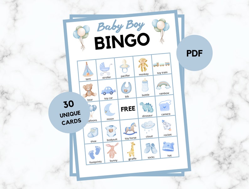 Baby Boy Bingo - 30 Baby Boy Bingo Cards - Baby Boy Party Game - Baby ...