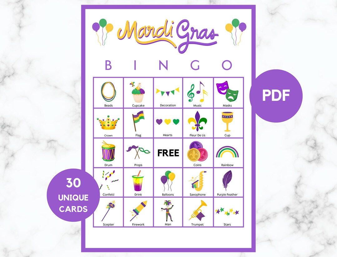 Mardi Gras Bingo - Mardi Gras Activity- 30 Mardi Gras Bingo Cards ...