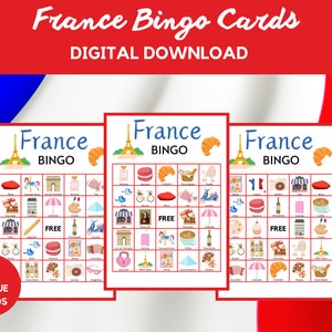 France Bingo - Travel Bingo - 30 France Bingo Cards - France Party Game ...