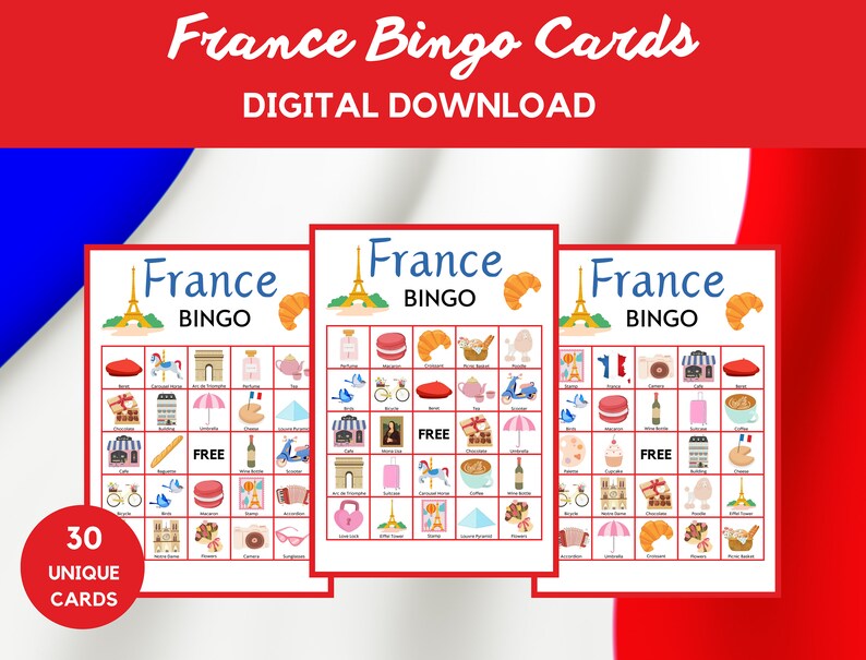 France Bingo - Travel Bingo - 30 France Bingo Cards - France Party Game ...