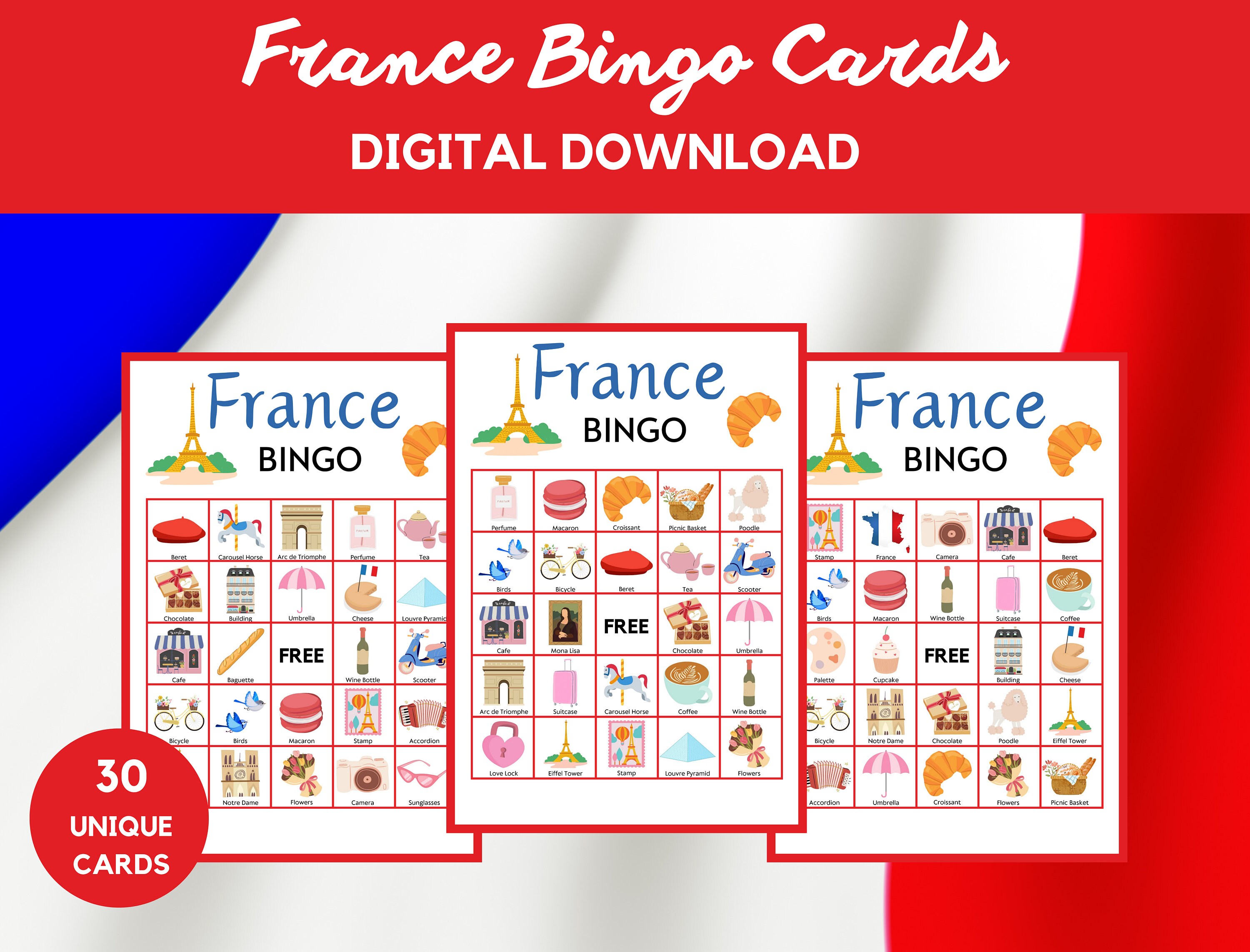 France Bingo - Travel Bingo - 30 France Bingo Cards - France Party Game ...