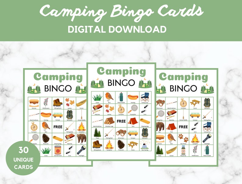 Camping Bingo - Campground Activity- 30 Camping Bingo Cards - Camping ...