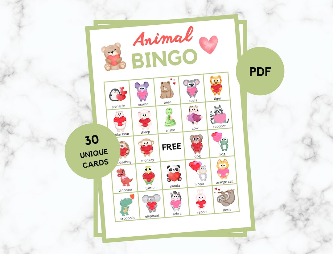 Animal Bingo - 30 Animal Hearts Bingo Cards - Valentine's Day Party ...