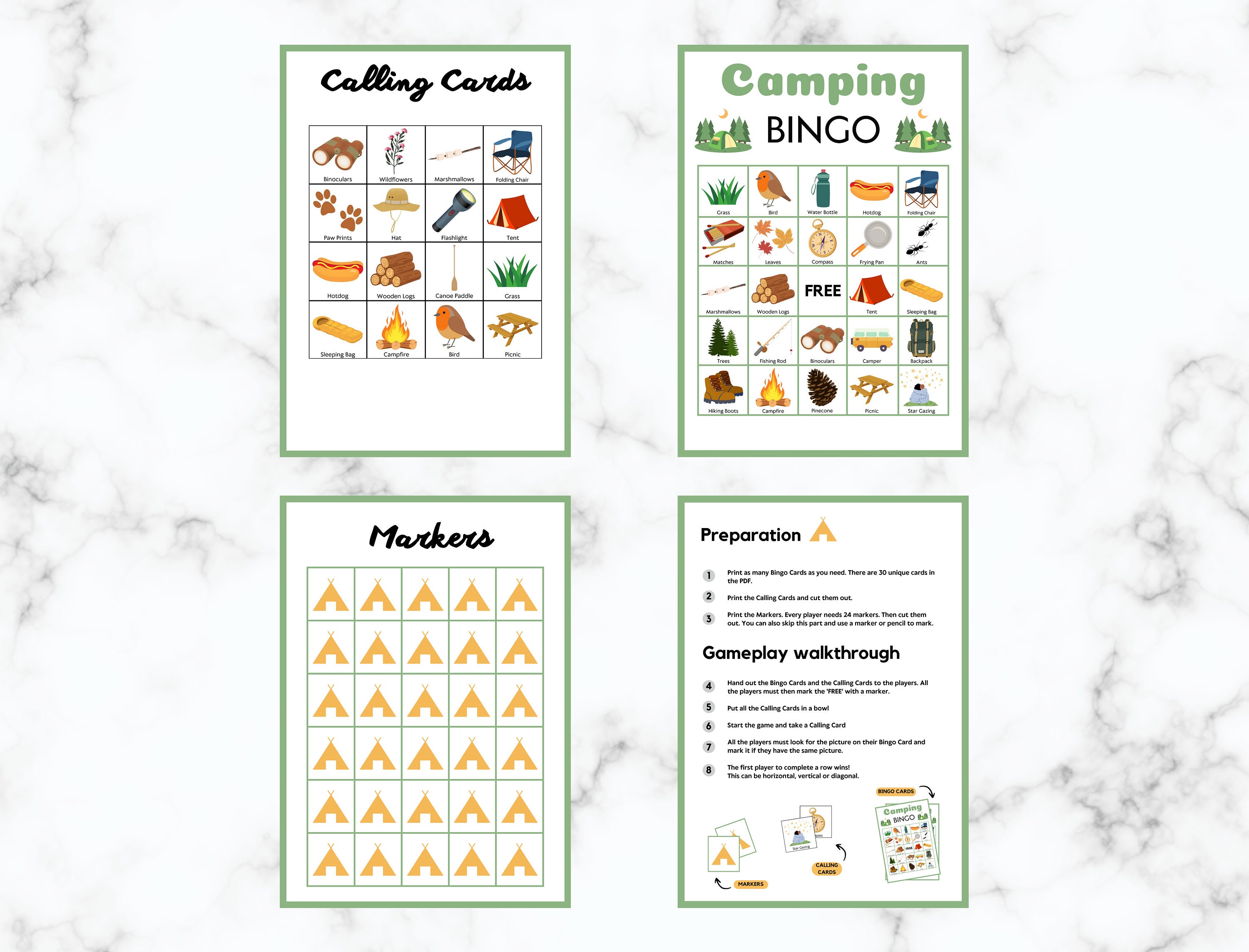 Camping Bingo - Campground Activity- 30 Camping Bingo Cards - Camping ...