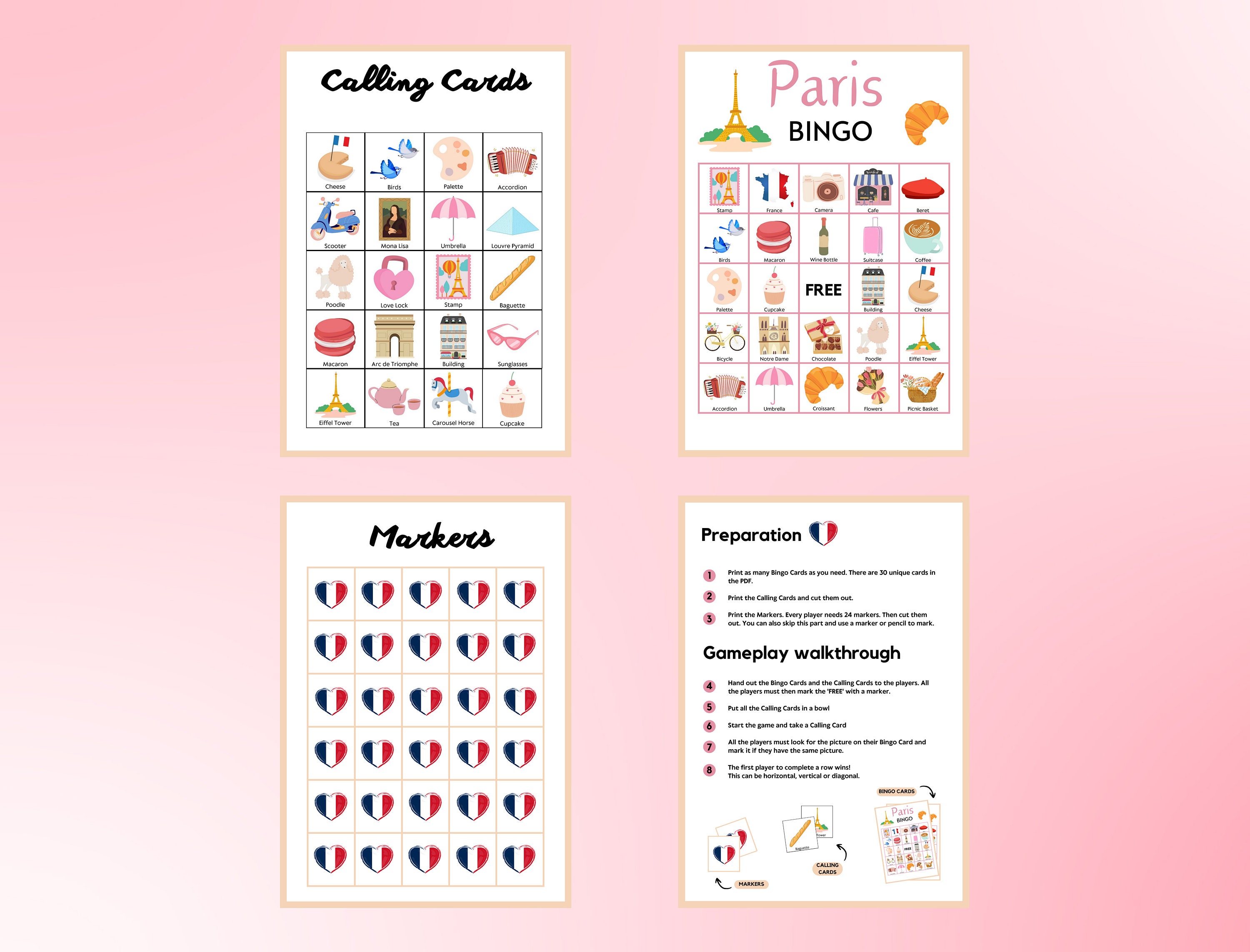 Paris Bingo - Travel Bingo - 30 Paris Bingo Cards - Paris Party Game ...