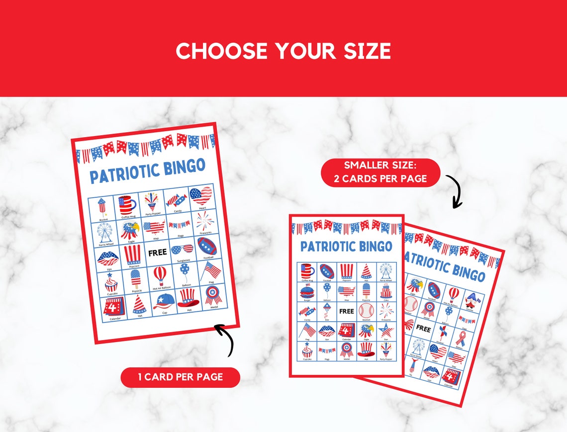 Patriotic Bingo - Independence Day Bingo - 30 4th of July Bingo Cards ...