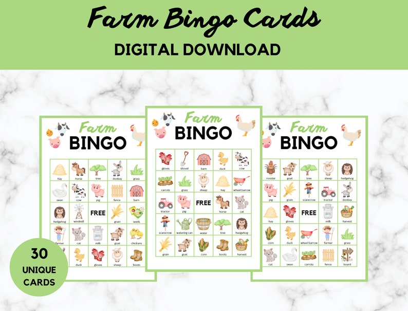 Farm Bingo - 30 Farm Bingo Cards - Farm Party Game - Farm - Farm Bingo ...