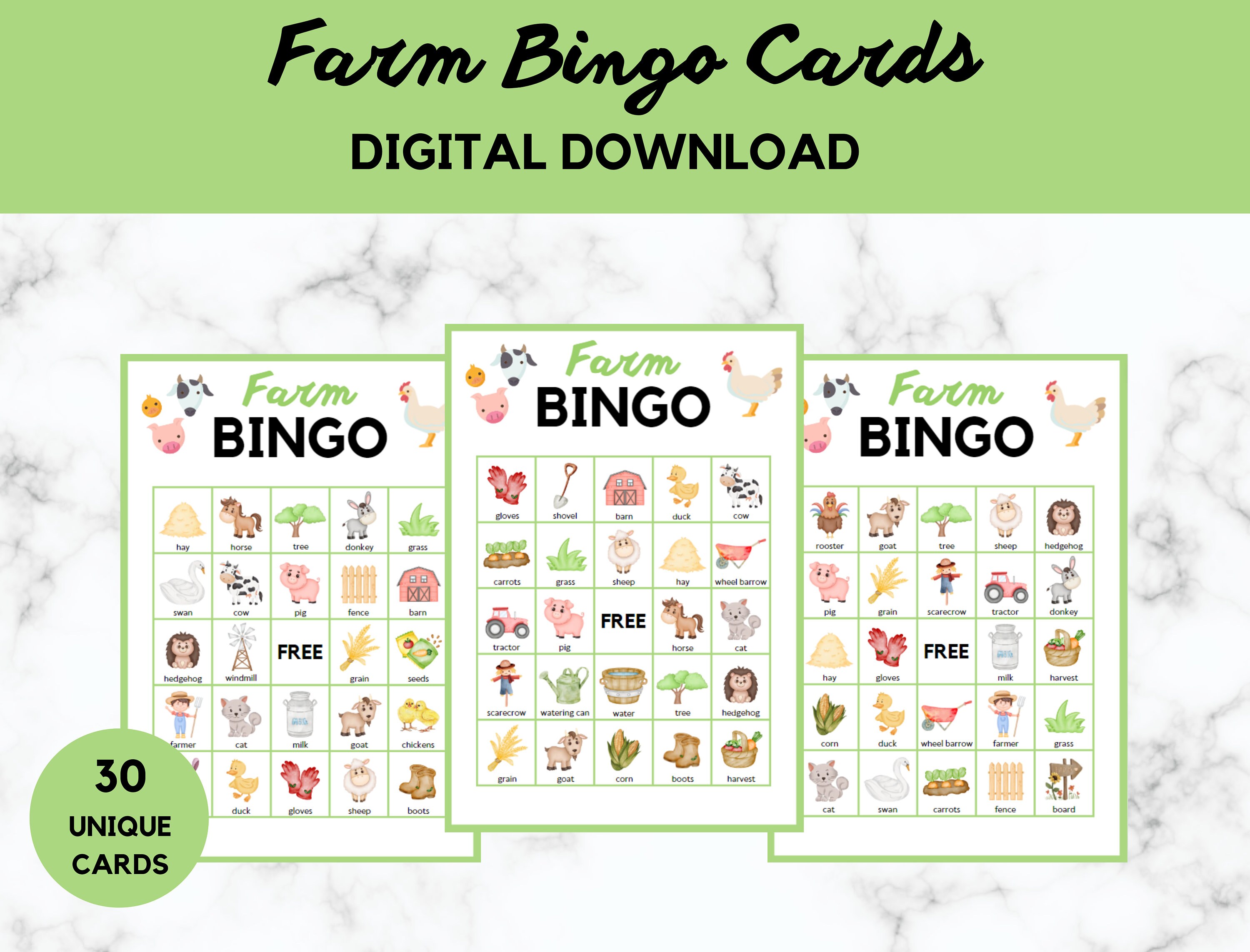 Farm Bingo - 30 Farm Bingo Cards - Farm Party Game - Farm - Farm Bingo ...