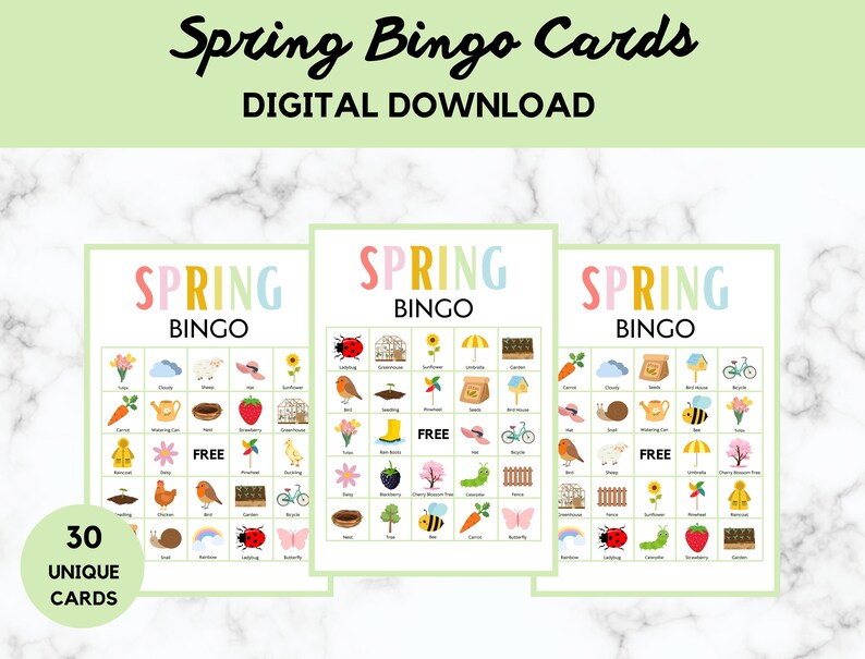Spring Bingo - Spring Activity- 30 Spring Bingo Cards - Spring Game ...
