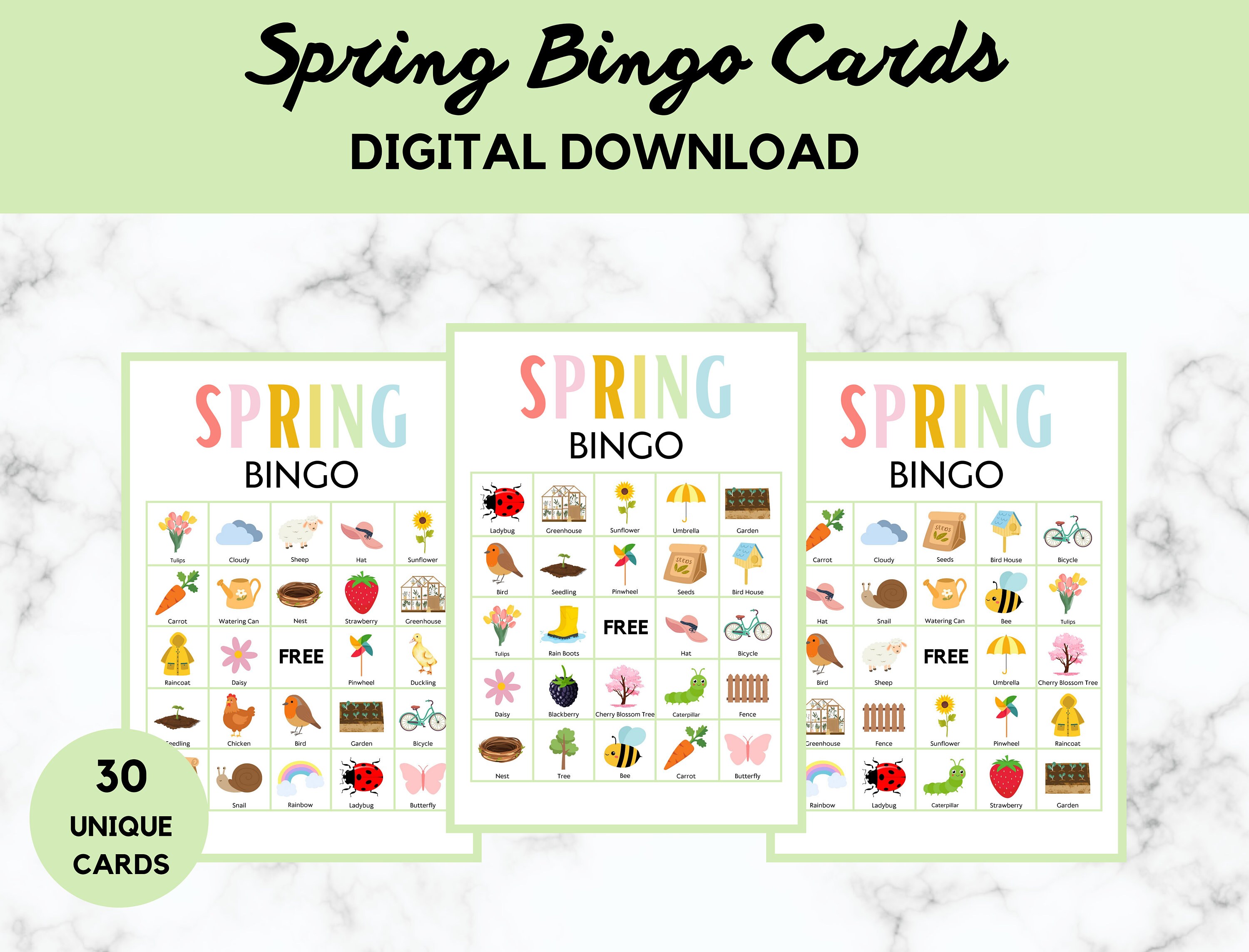 Spring Bingo - Spring Activity- 30 Spring Bingo Cards - Spring Game ...