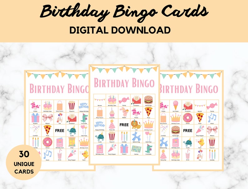 Birthday Bingo - 30 Birthday Bingo Cards - Birthday Party Game - Birthday Bingo - Printable ...