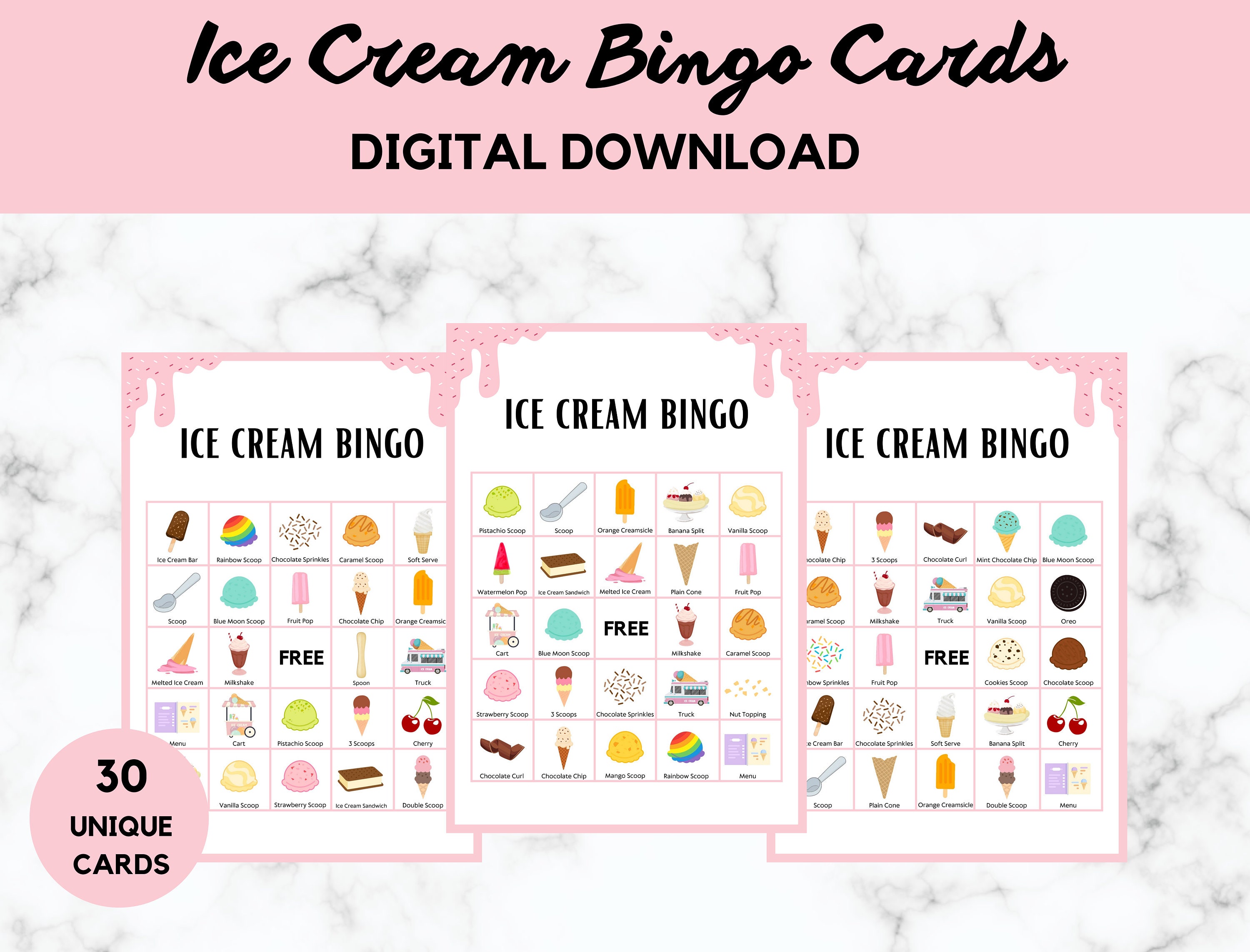 Ice Cream Bingo - Ice Cream Activity- 30 Printable Ice Cream Bingo ...