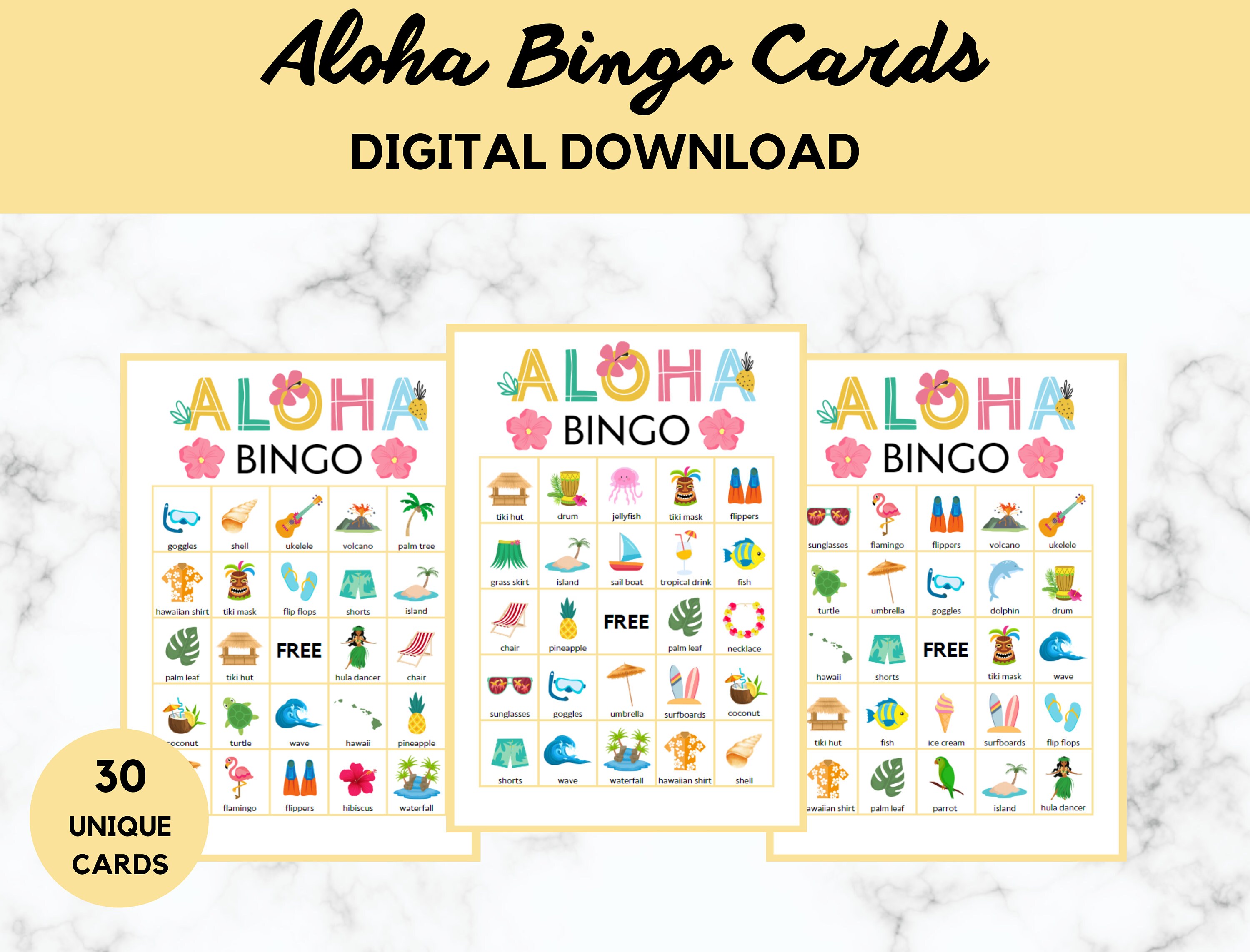 Aloha Bingo - 30 Aloha Bingo Cards - Aloha Party Game - Aloha Bingo ...