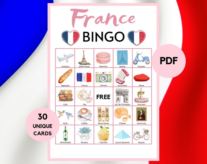 30 France Bingo Cards Printable Game, Paris France Travel Bingo Boards ...